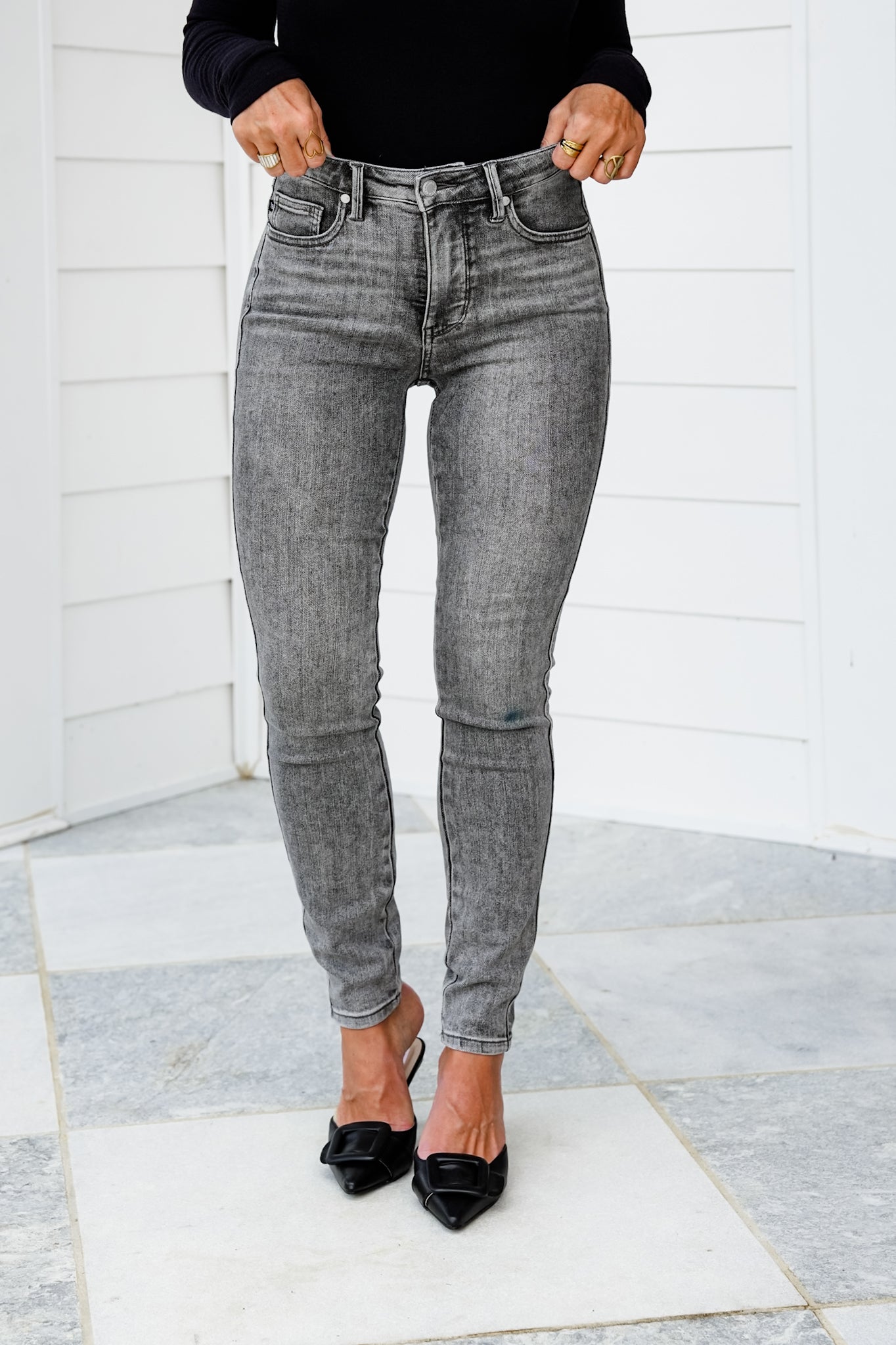 Judy Blue Smoke Show Mid Rise Grey Tummy Control Skinny Jeans with Shi ...